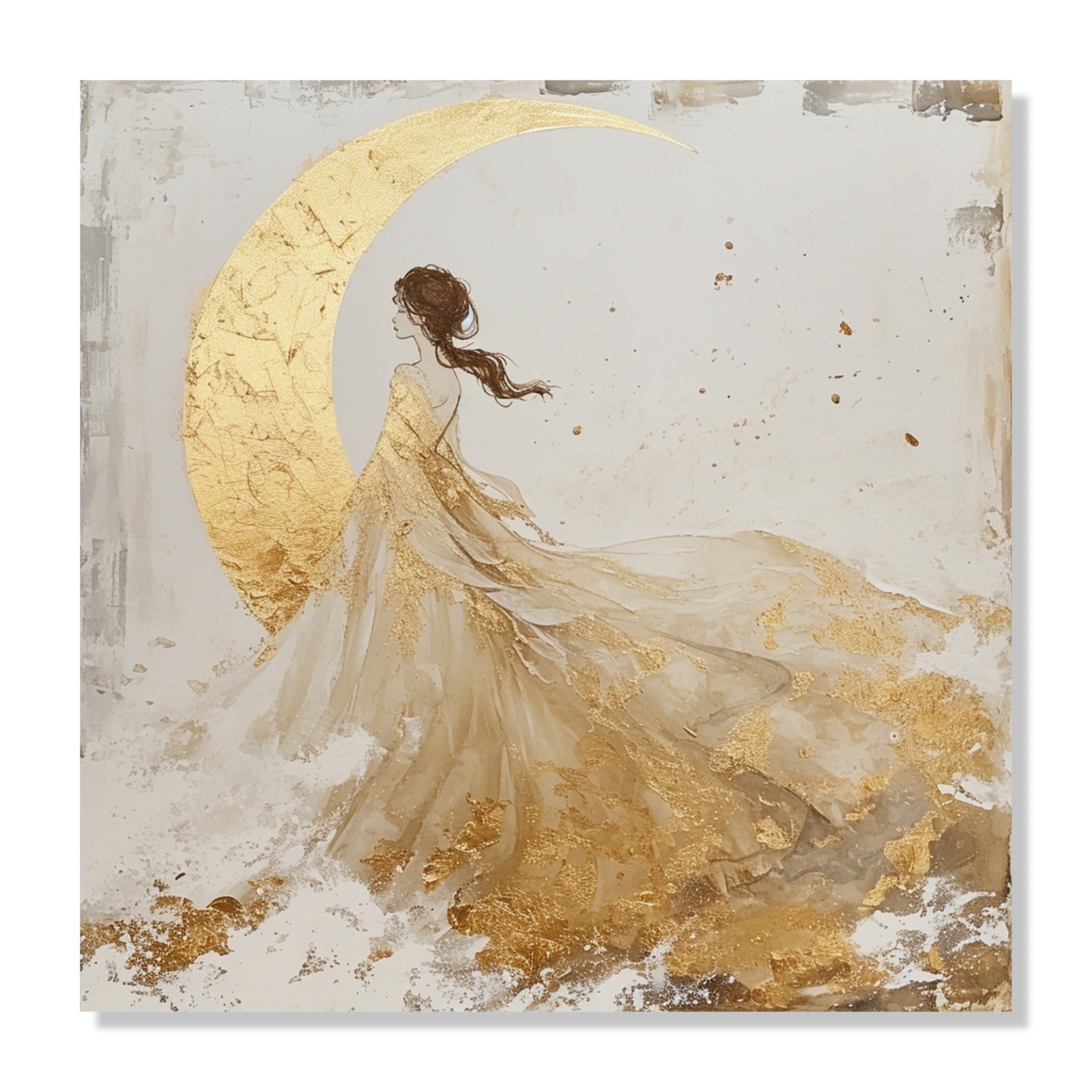 Woman Gold Painting with women standing in fornt of Moon Slice