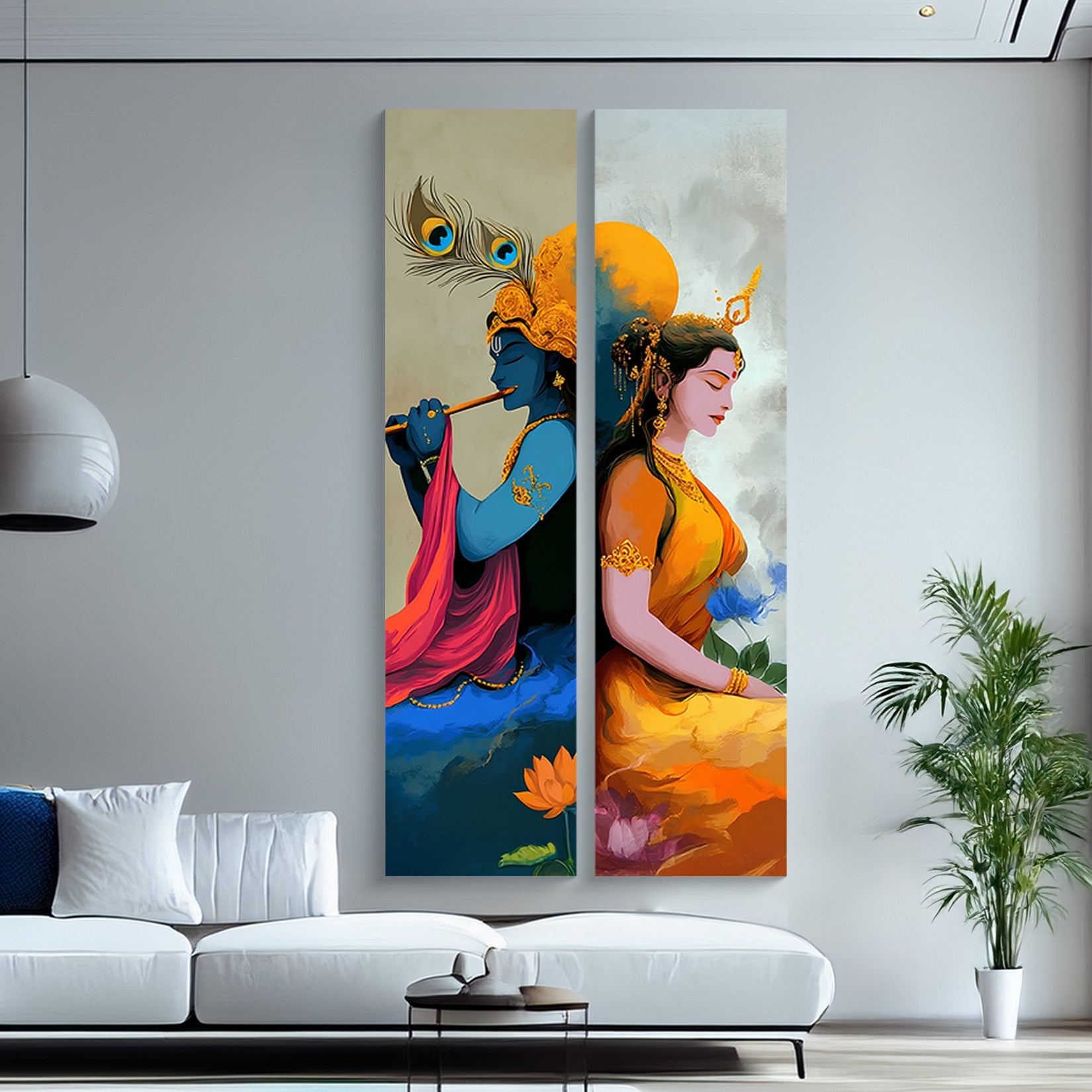 Radha Krishna 2 Panel Divine Wall Art | Modern Indian Couple Painting – CRAFTICO