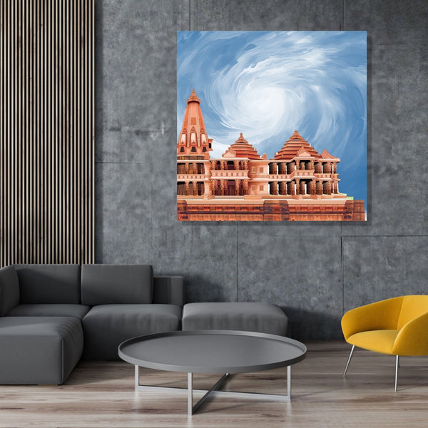 Painting of Ram Mandir side view with White and blue spiral in ...