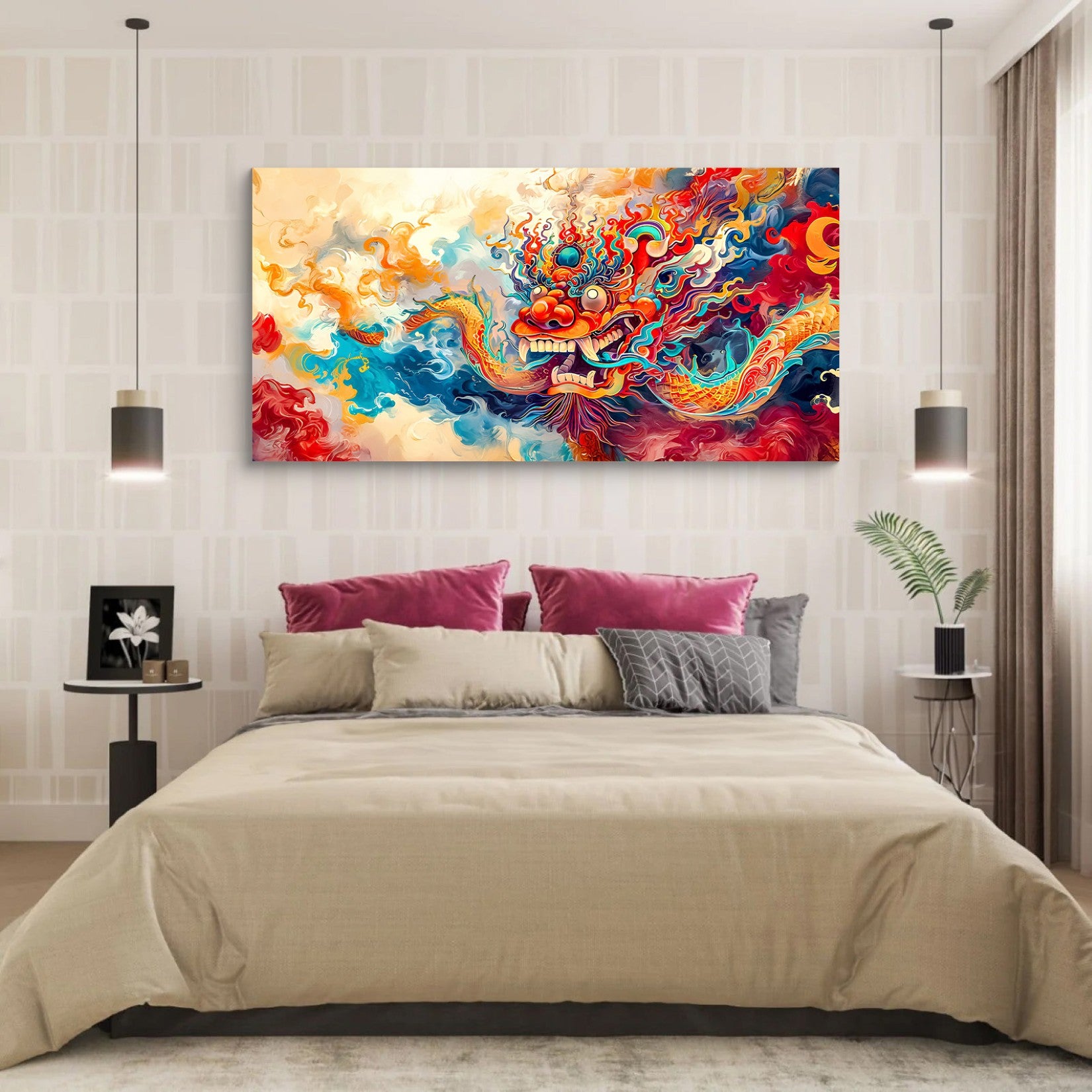 Handmade Thangka painting of fiery dragon with intricate details and ...